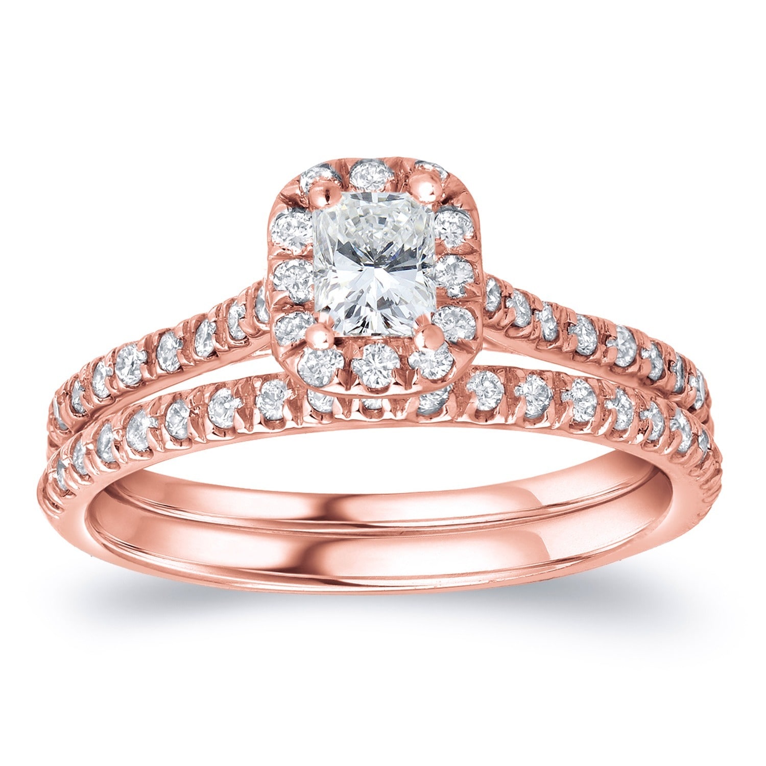 Rose Gold 1ct TDW Certified Radiant Diamond Halo Bridal Ring Set ...